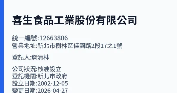 喜生食品工業股份有限公司的照片-統編 12663806(新北市) 公司登記資料與營業項目詳細圖表