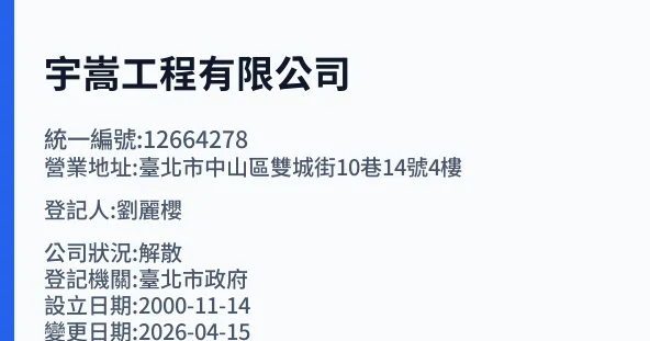 宇嵩工程有限公司的照片-統編 12664278(臺北市) 公司登記資料與營業項目詳細圖表