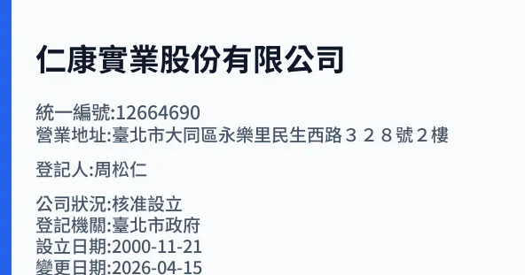 仁康實業股份有限公司的照片-統編 12664690(臺北市) 公司登記資料與營業項目詳細圖表