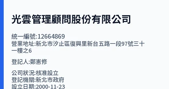 光雲管理顧問股份有限公司的照片-統編 12664869(新北市) 公司登記資料與營業項目詳細圖表
