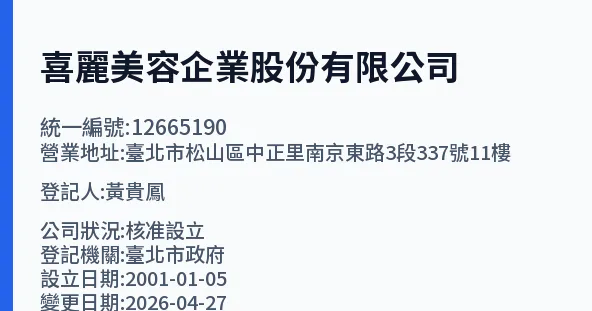 喜麗美容企業股份有限公司的照片-統編 12665190(臺北市) 公司登記資料與營業項目詳細圖表