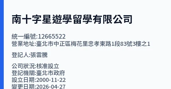 南十字星遊學留學有限公司的照片-統編 12665522(臺北市) 公司登記資料與營業項目詳細圖表
