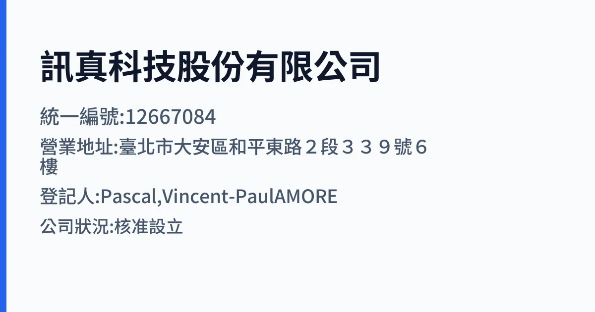 訊真科技股份有限公司 - 統編 12667084(臺北市) 公司登記資料與營業項目詳細圖表