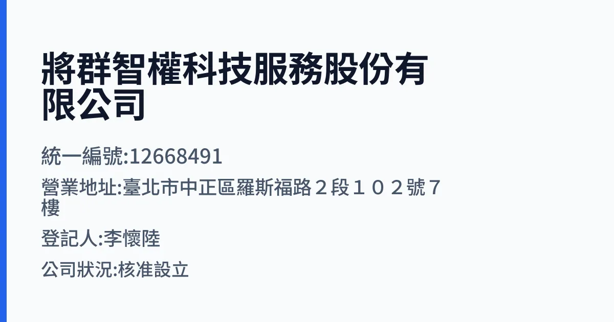 將群智權科技服務股份有限公司 - 統編 12668491(臺北市) 公司登記資料與營業項目詳細圖表