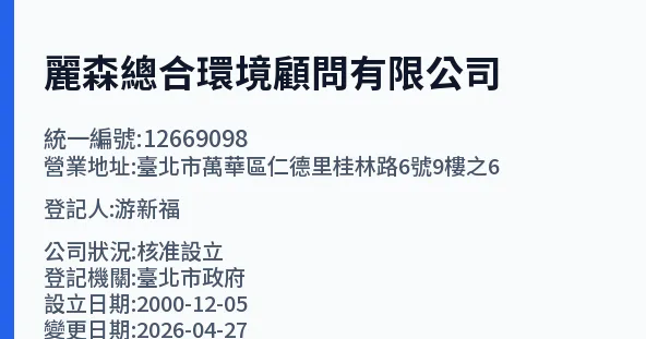 麗森總合環境顧問有限公司的照片-統編 12669098(臺北市) 公司登記資料與營業項目詳細圖表