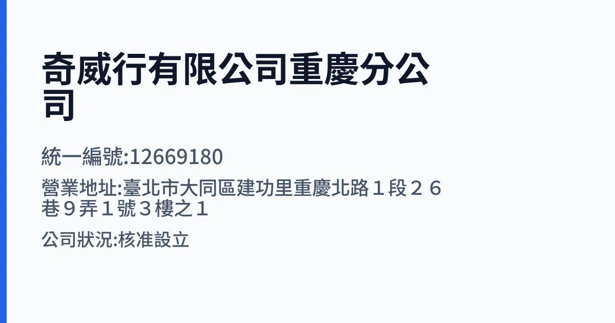 奇威行有限公司重慶分公司 - 統編 12669180(臺北市) 公司登記資料與營業項目詳細圖表