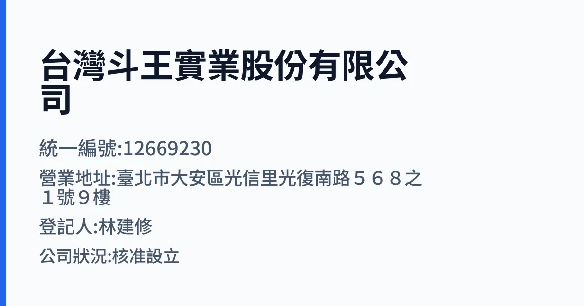 台灣斗王實業股份有限公司 - 統編 12669230(臺北市) 公司登記資料與營業項目詳細圖表
