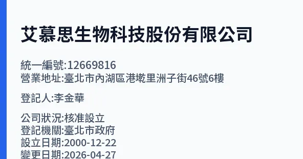 艾慕思生物科技股份有限公司的照片-統編 12669816(臺北市) 公司登記資料與營業項目詳細圖表