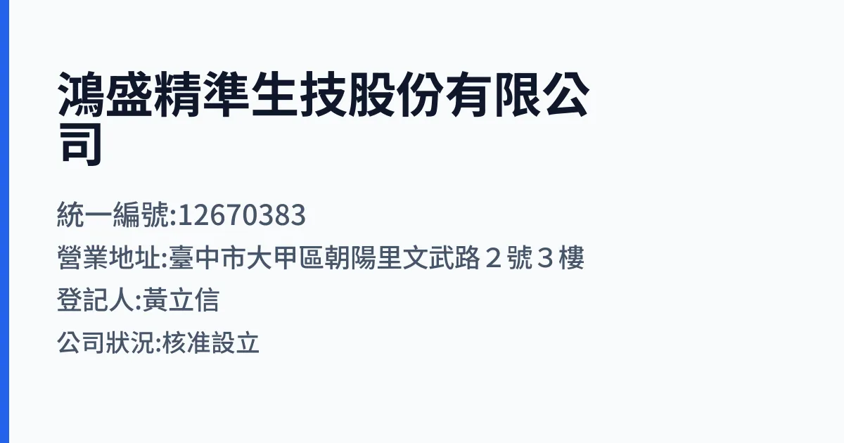 鴻盛精準生技股份有限公司 - 統編 12670383(臺中市) 公司登記資料與營業項目詳細圖表