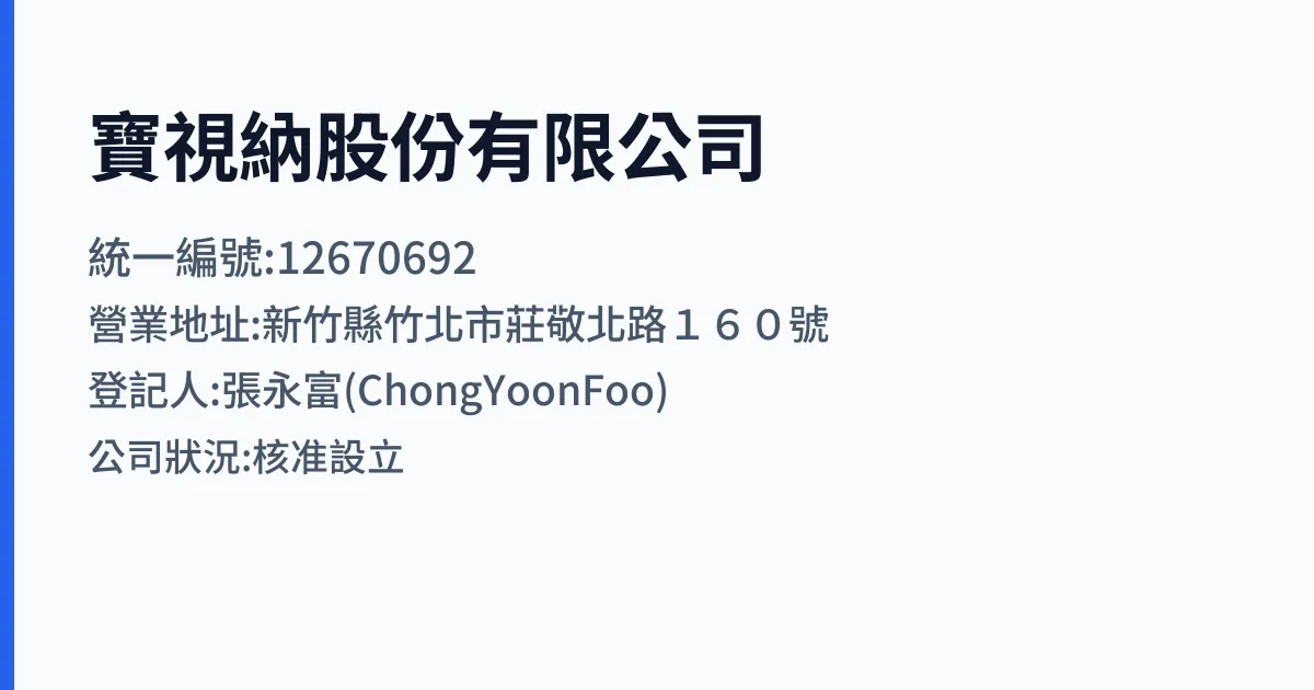 寶視納股份有限公司 - 統編 12670692（新竹縣） 公司登記資料與營業項目詳細圖表