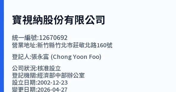 寶視納股份有限公司的照片-統編 12670692(新竹縣) 公司登記資料與營業項目詳細圖表
