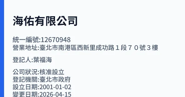 海佑有限公司的照片-統編 12670948(臺北市) 公司登記資料與營業項目詳細圖表