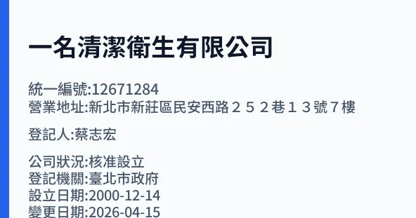 一名清潔衛生有限公司的照片-統編 12671284(臺北市) 公司登記資料與營業項目詳細圖表
