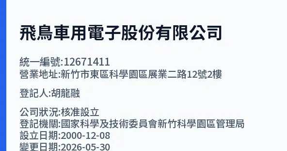 飛鳥車用電子股份有限公司的照片-統編 12671411(新竹市) 公司登記資料與營業項目詳細圖表