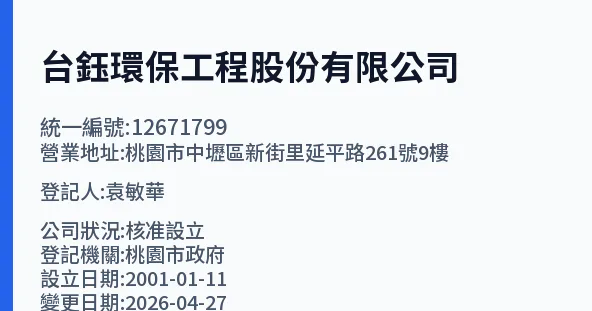 台鈺環保工程股份有限公司的照片-統編 12671799(桃園市) 公司登記資料與營業項目詳細圖表