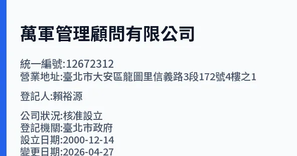 萬軍管理顧問有限公司的照片-統編 12672312(臺北市) 公司登記資料與營業項目詳細圖表