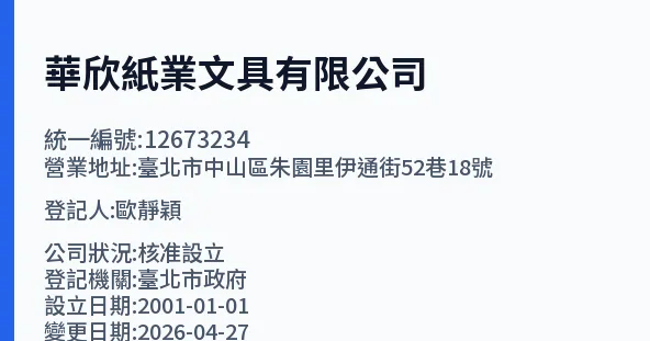 華欣紙業文具有限公司的照片-統編 12673234(臺北市) 公司登記資料與營業項目詳細圖表