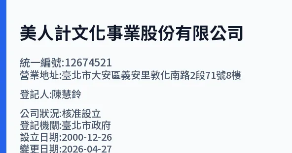 美人計文化事業股份有限公司的照片-統編 12674521(臺北市) 公司登記資料與營業項目詳細圖表