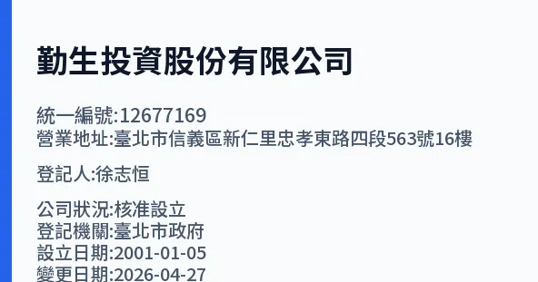 勤生投資股份有限公司的照片-統編 12677169(臺北市) 公司登記資料與營業項目詳細圖表