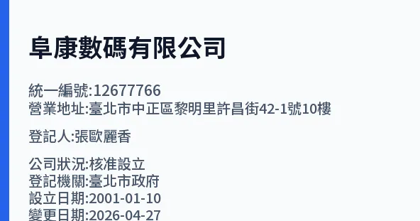 阜康數碼有限公司的照片-統編 12677766(臺北市) 公司登記資料與營業項目詳細圖表