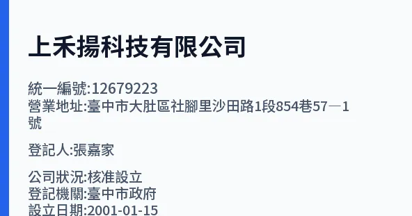 上禾揚科技有限公司的照片-統編 12679223(臺中市) 公司登記資料與營業項目詳細圖表