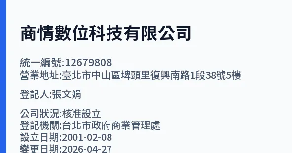 商情數位科技有限公司的照片-統編 12679808(臺北市) 公司登記資料與營業項目詳細圖表