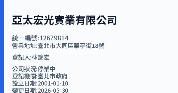 亞太宏光實業有限公司的照片-統編 12679814(臺北市) 公司登記資料與營業項目詳細圖表