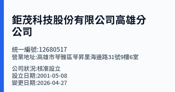 鉅茂科技股份有限公司高雄分公司的照片-統編 12680517(高雄市) 公司登記資料與營業項目詳細圖表