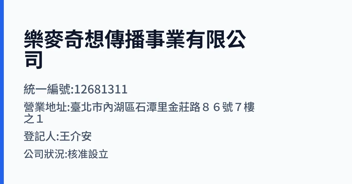 樂麥奇想傳播事業有限公司 - 統編 12681311(臺北市) 公司登記資料與營業項目詳細圖表