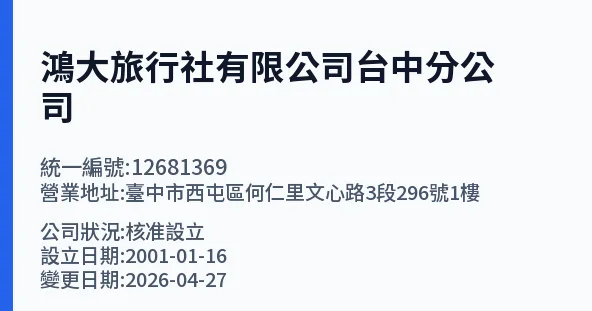 鴻大旅行社有限公司台中分公司的照片-統編 12681369(臺中市) 公司登記資料與營業項目詳細圖表