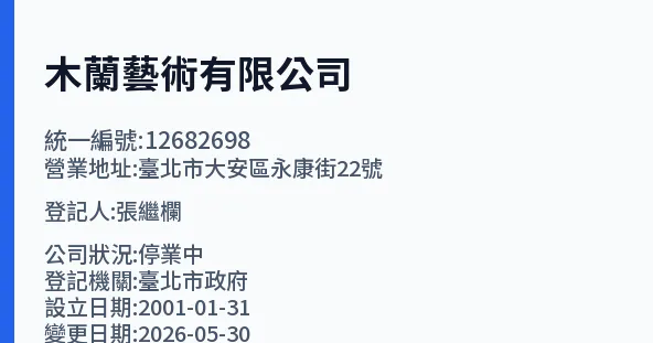 木蘭藝術有限公司的照片-統編 12682698(臺北市) 公司登記資料與營業項目詳細圖表
