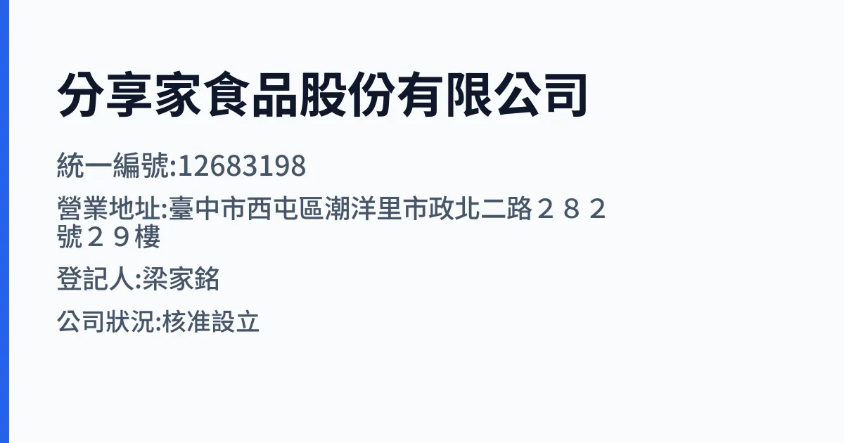 分享家食品股份有限公司 - 統編 12683198（臺中市） 公司登記資料與營業項目詳細圖表