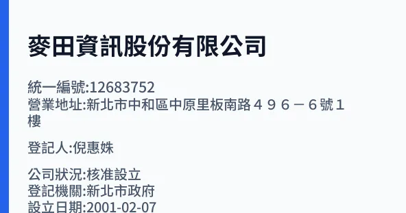 麥田資訊股份有限公司的照片-統編 12683752(新北市) 公司登記資料與營業項目詳細圖表