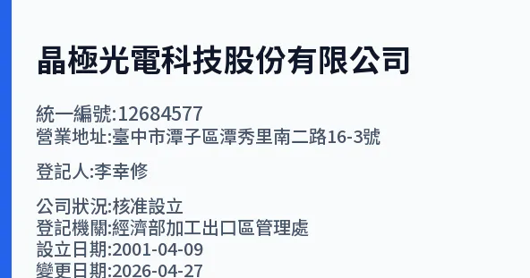 晶極光電科技股份有限公司的照片-統編 12684577(臺中市) 公司登記資料與營業項目詳細圖表