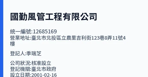國勤風管工程有限公司的照片-統編 12685169(臺北市) 公司登記資料與營業項目詳細圖表