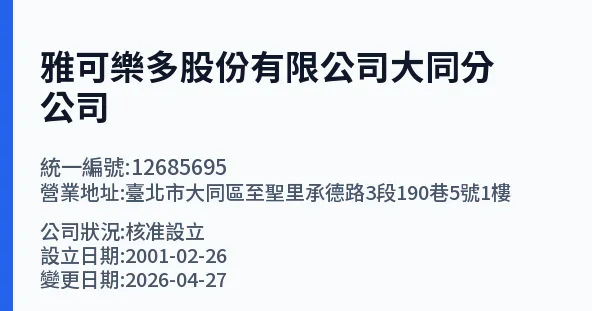 雅可樂多股份有限公司大同分公司的照片-統編 12685695(臺北市) 公司登記資料與營業項目詳細圖表