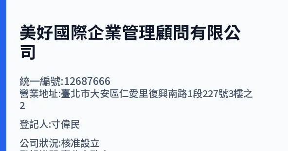 美好國際企業管理顧問有限公司的照片-統編 12687666(臺北市) 公司登記資料與營業項目詳細圖表