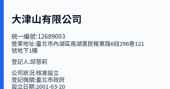 大津山有限公司的照片-統編 12689003(臺北市) 公司登記資料與營業項目詳細圖表