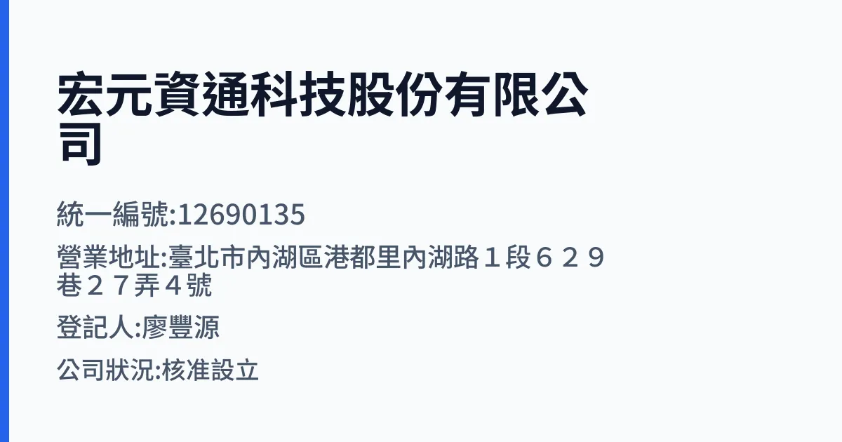 宏元資通科技股份有限公司 - 統編 12690135(臺北市) 公司登記資料與營業項目詳細圖表