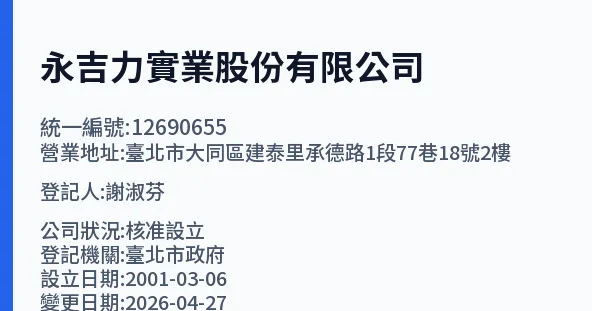 永吉力實業股份有限公司的照片-統編 12690655(臺北市) 公司登記資料與營業項目詳細圖表