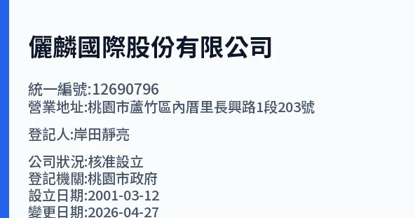 儷麟國際股份有限公司的照片-統編 12690796(桃園市) 公司登記資料與營業項目詳細圖表