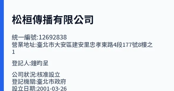 松桓傳播有限公司的照片-統編 12692838(臺北市) 公司登記資料與營業項目詳細圖表