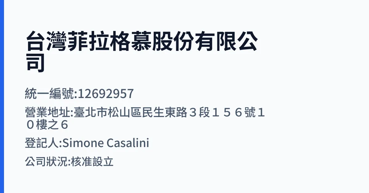 台灣菲拉格慕股份有限公司 - 統編 12692957(臺北市) 公司登記資料與營業項目詳細圖表