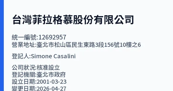 台灣菲拉格慕股份有限公司的照片-統編 12692957(臺北市) 公司登記資料與營業項目詳細圖表