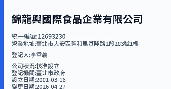 錦龍興國際食品企業有限公司的照片-統編 12693230(臺北市) 公司登記資料與營業項目詳細圖表
