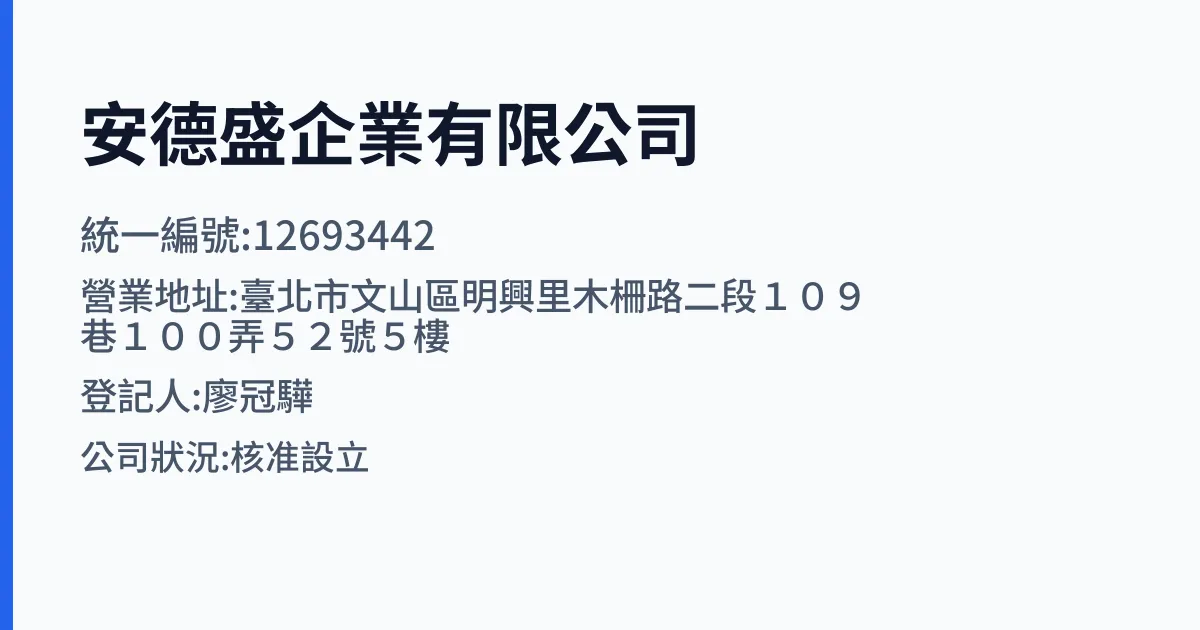 安德盛企業有限公司 - 統編 12693442(新北市) 公司登記資料與營業項目詳細圖表