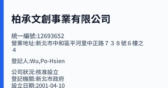 柏承文創事業有限公司的照片-統編 12693652(新北市) 公司登記資料與營業項目詳細圖表