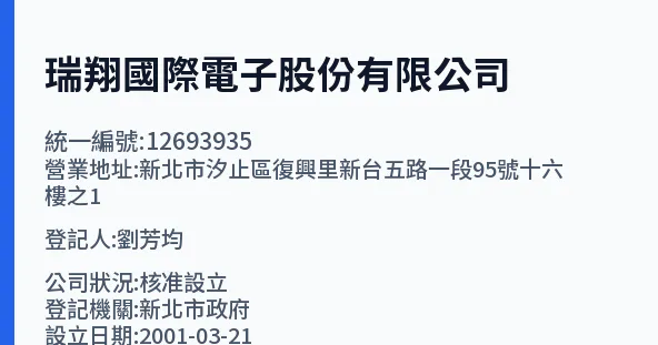 瑞翔國際電子股份有限公司的照片-統編 12693935(新北市) 公司登記資料與營業項目詳細圖表