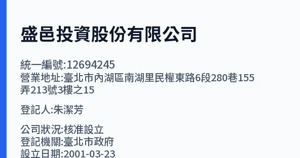 盛邑投資股份有限公司的照片-統編 12694245(臺北市) 公司登記資料與營業項目詳細圖表