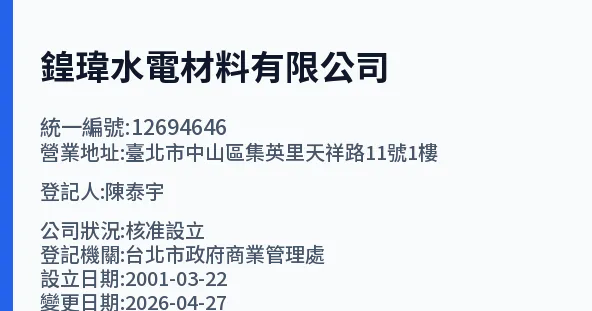 鍠瑋水電材料有限公司的照片-統編 12694646(臺北市) 公司登記資料與營業項目詳細圖表